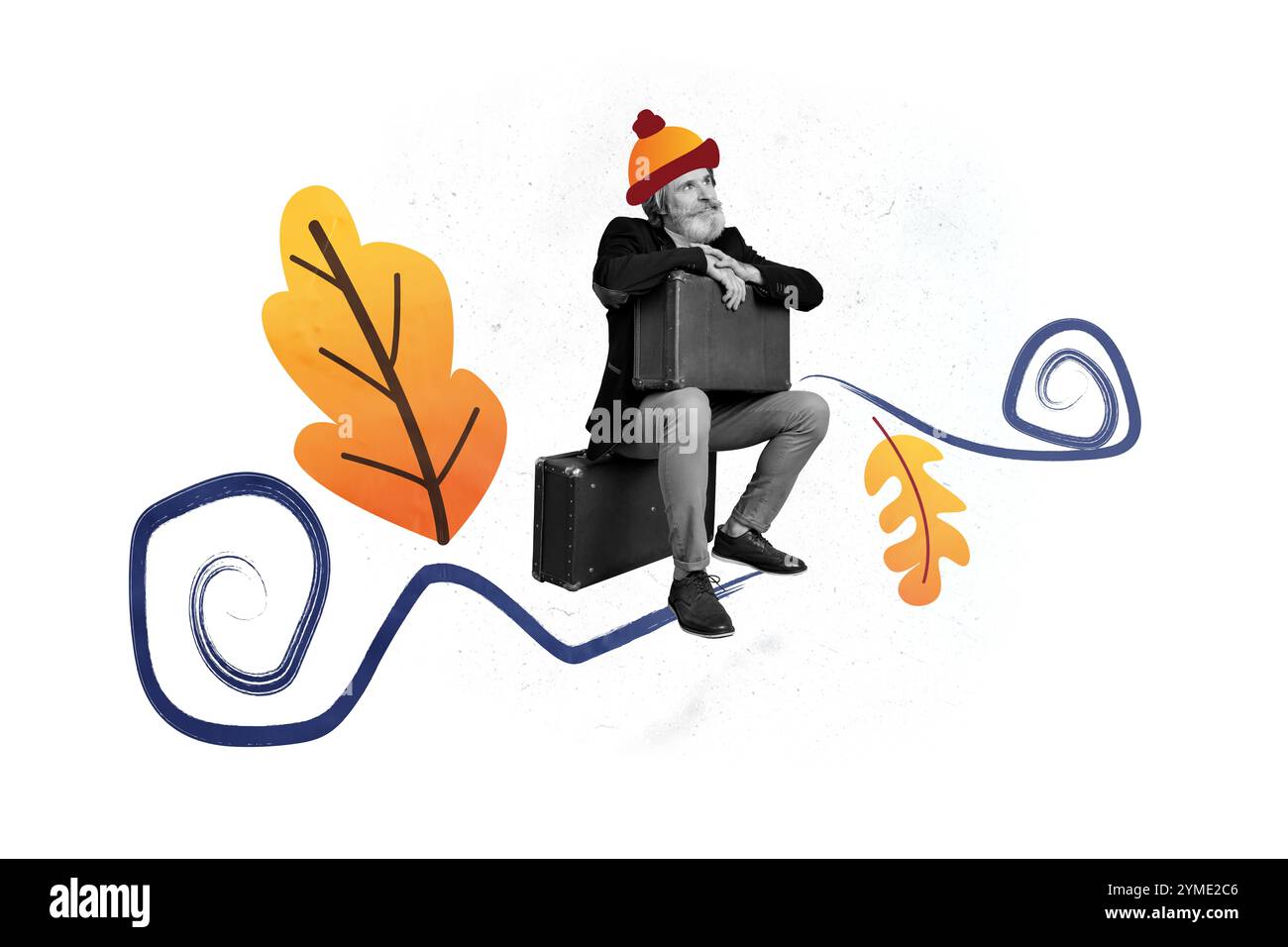 Full body photo collage of sitting suitcases man wait outdoors park ...