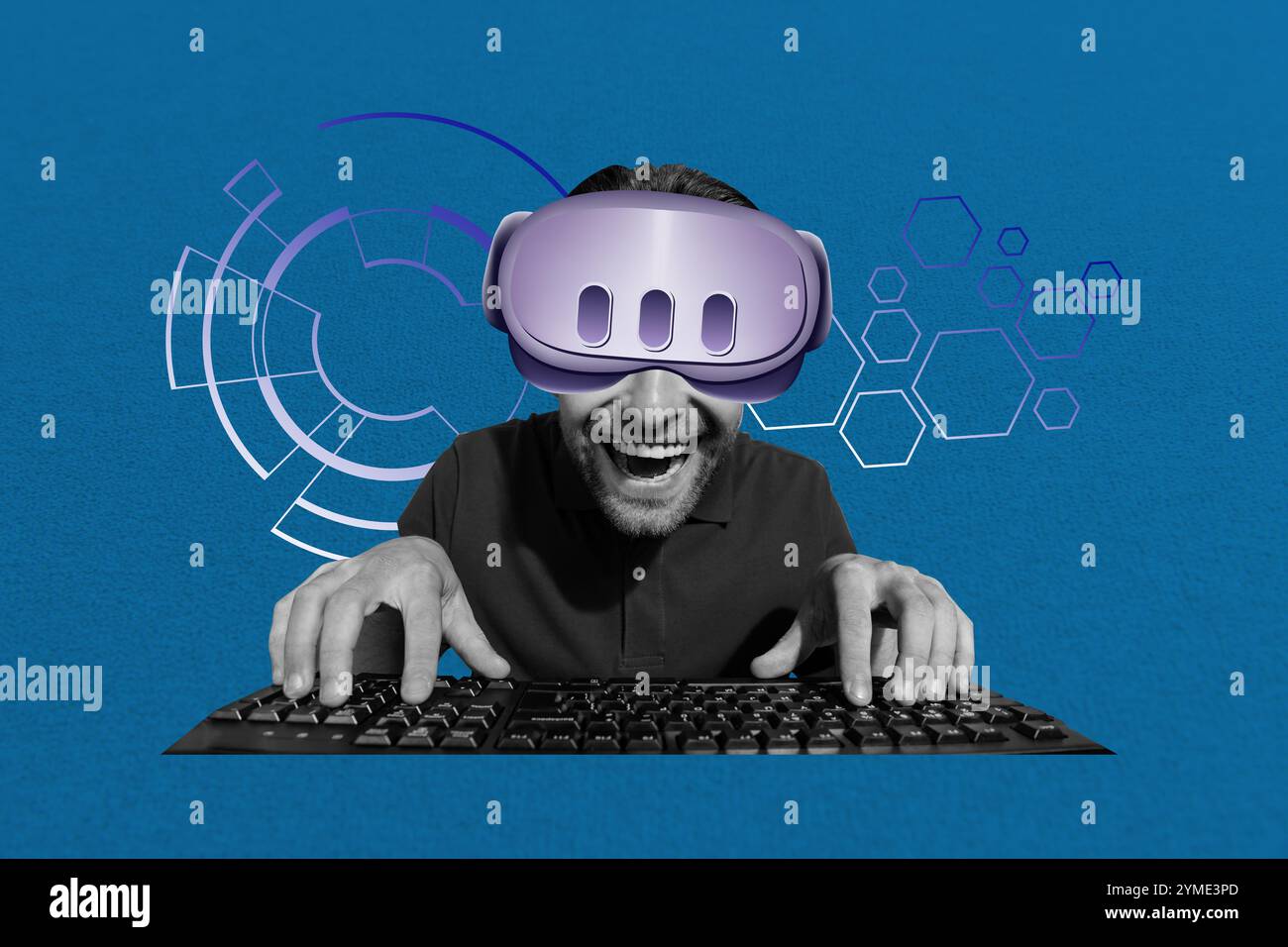 Composite photo collage of happy man wear vr glasses stimulation gamer ...