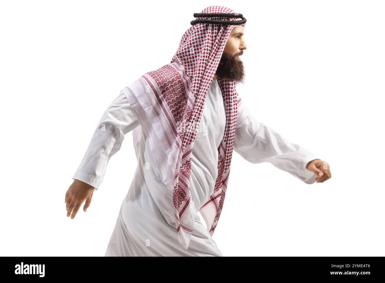 Saudi arab man in a thobe running isolated on white background Stock ...