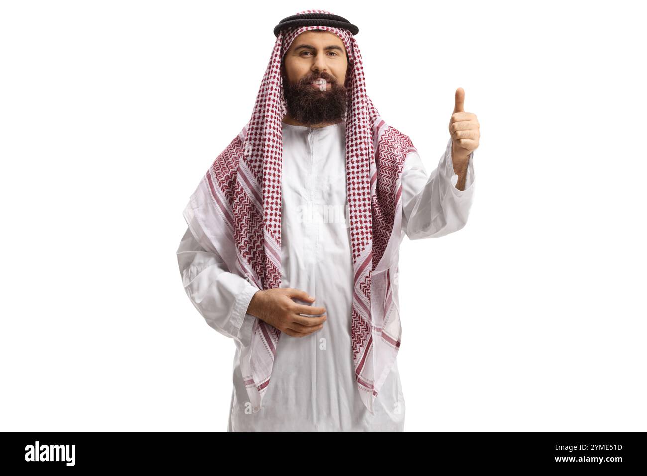 Saudi arab man wearing a traditional thobe and gesturing a thumb up ...