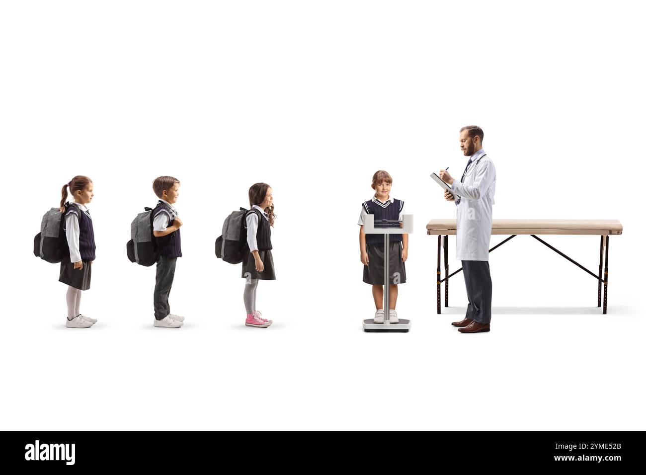 Schoolchildren waiting in line for a medical check up isolated on white ...
