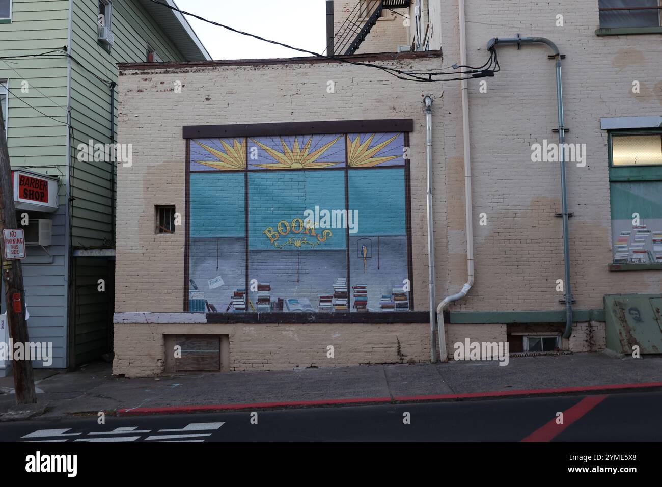 A mural depicting a bookstore window with stacks of books is painted on ...