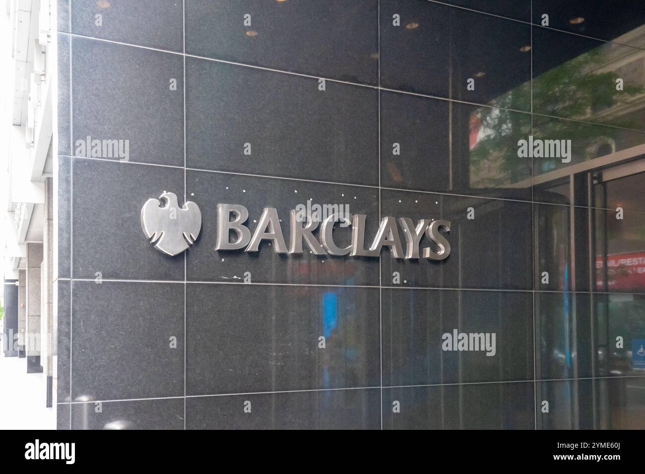 Barclays logo sign at the entrance to the office building in New York ...
