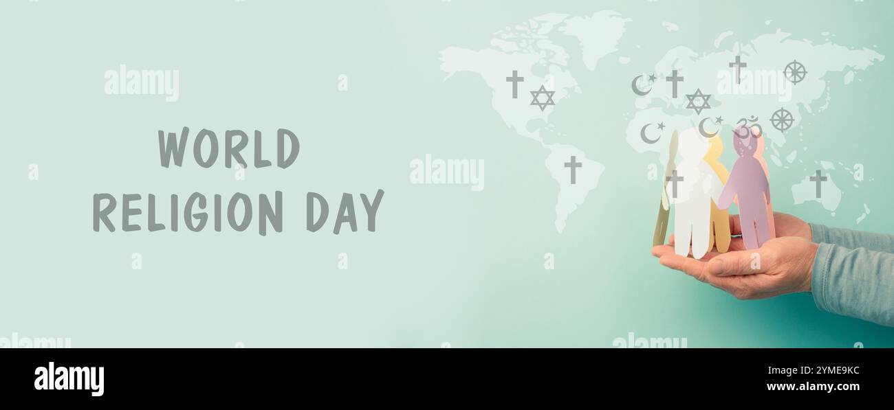 World religion day, world map with symbols of different religious ...