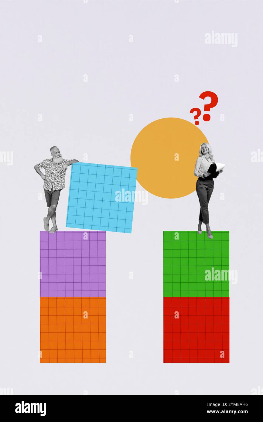 Vertical photo collage of two happy business partners girl old man ...