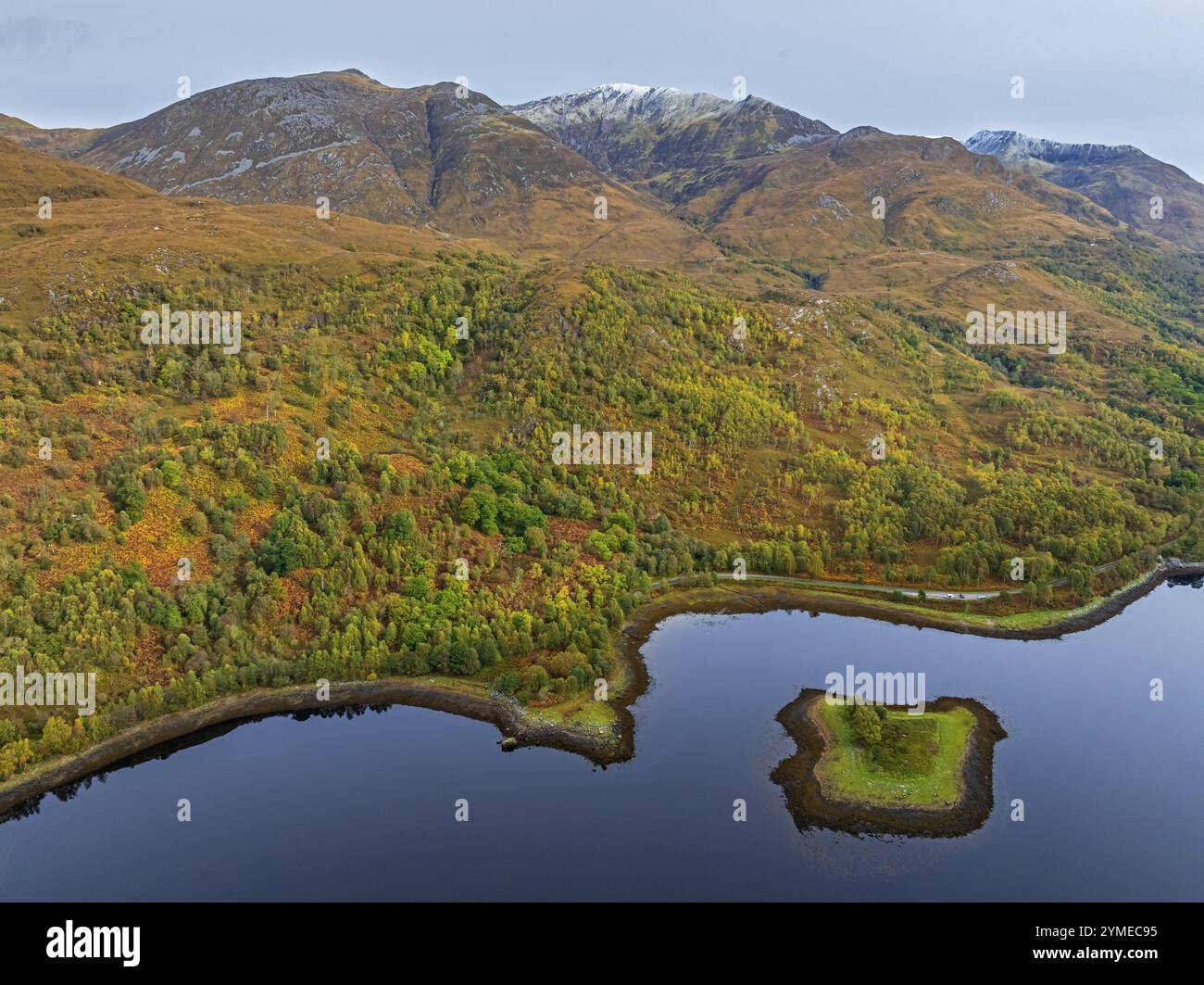 Fjord, coast, mountain landscape, reflection, island, autumn, aerial ...
