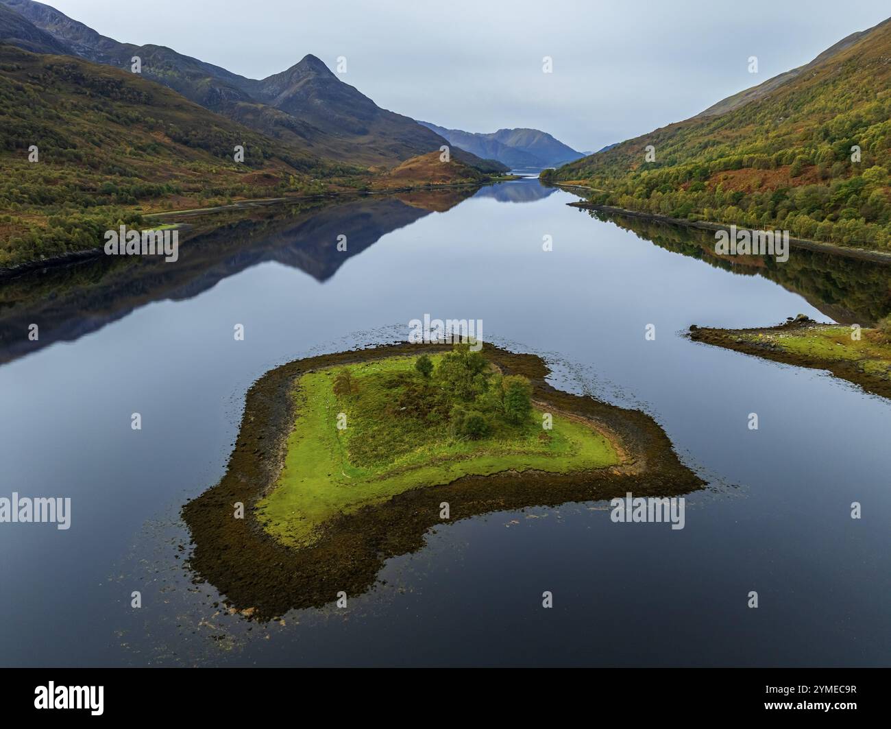 Fjord, coast, mountain landscape, reflection, island, autumn, aerial ...