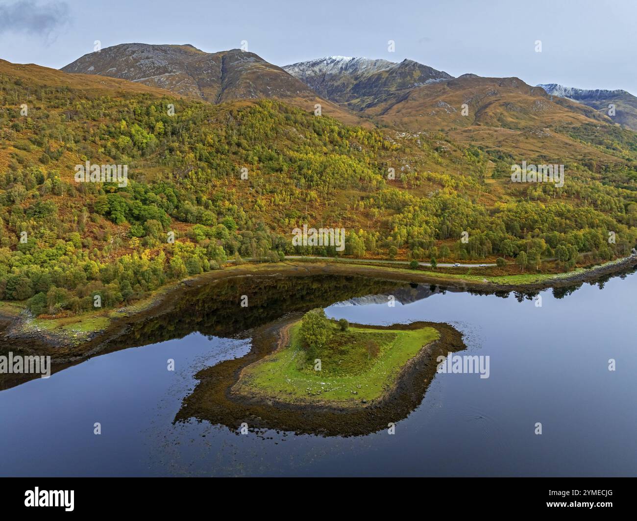 Fjord, coast, mountain landscape, reflection, island, autumn, aerial ...