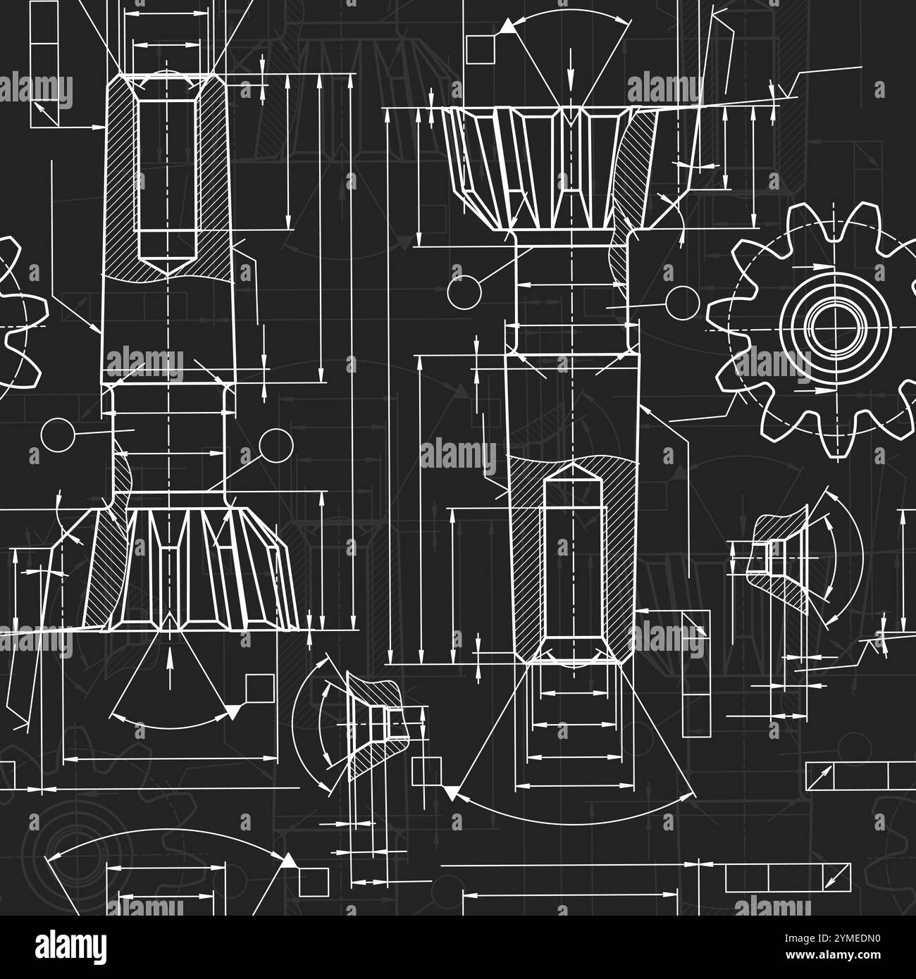 Mechanical engineering drawings on black background. Tap tools, borer ...