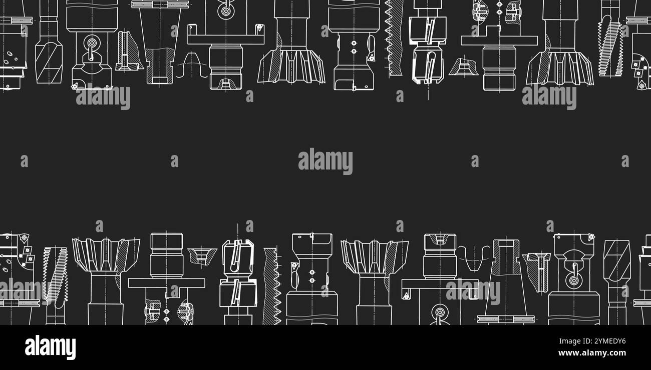 Mechanical engineering drawings on black background. Tap tools, borer ...