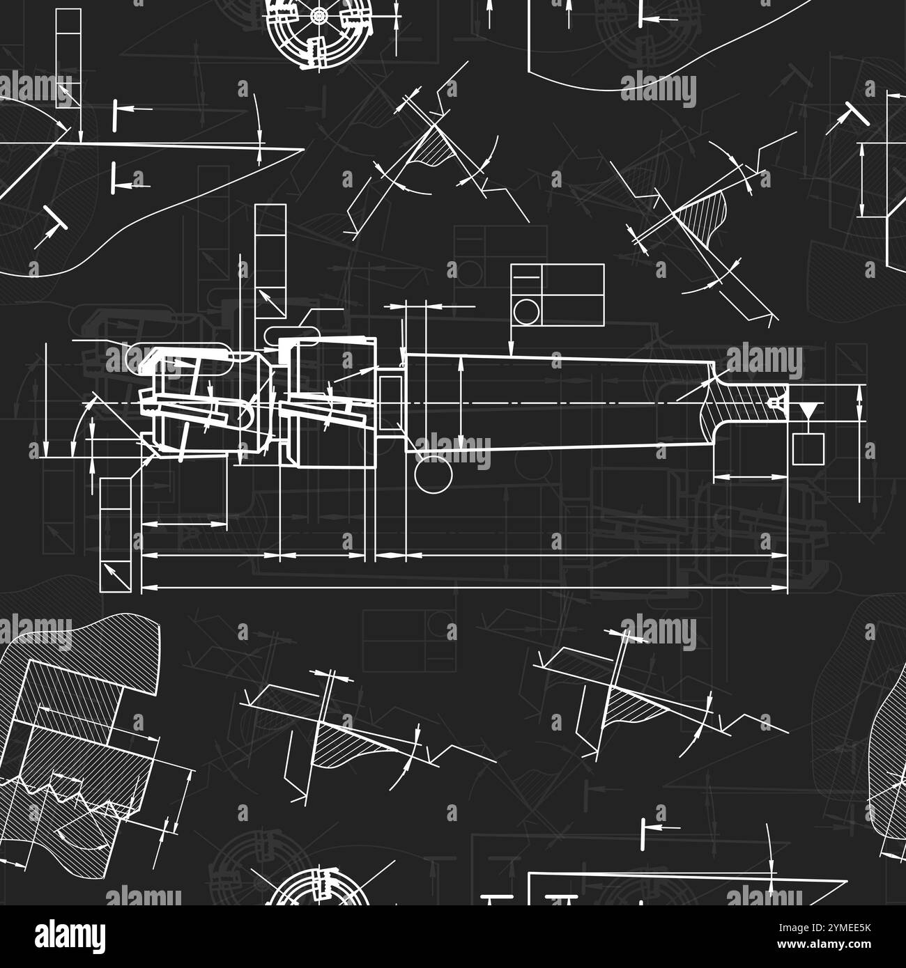 Mechanical engineering drawings on black background. Tap tools, borer ...