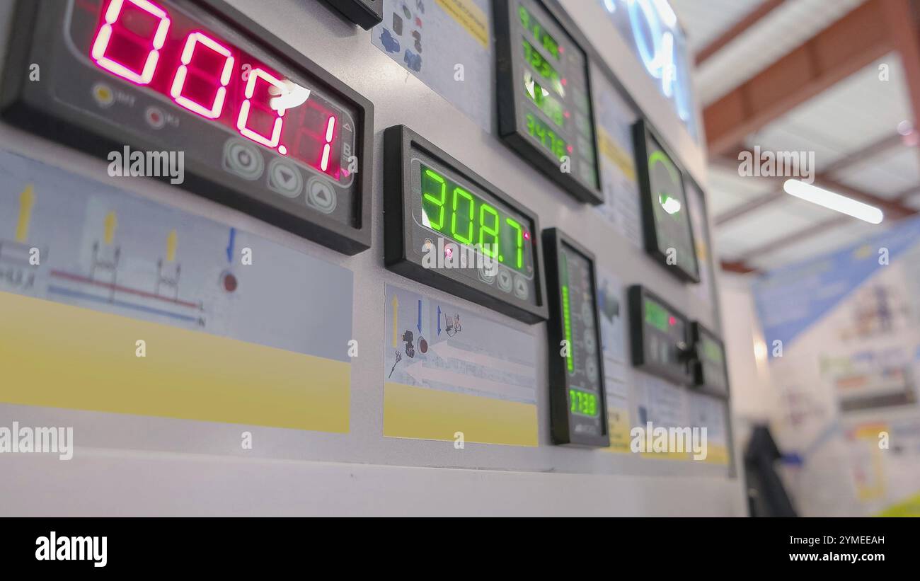 Metal panel with red and green digital indicators. Number displays ...