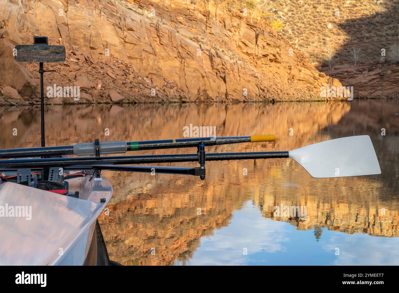 oars of coastal sculling shell in sandstone canyon of Horsetooth ...