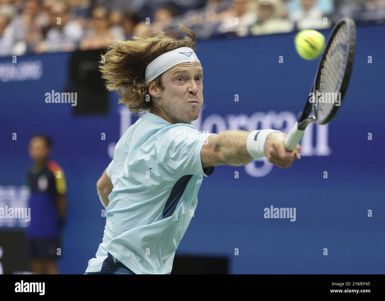 Tennis player Andrey Rublev of Russia in action at the US Open 2024 ...