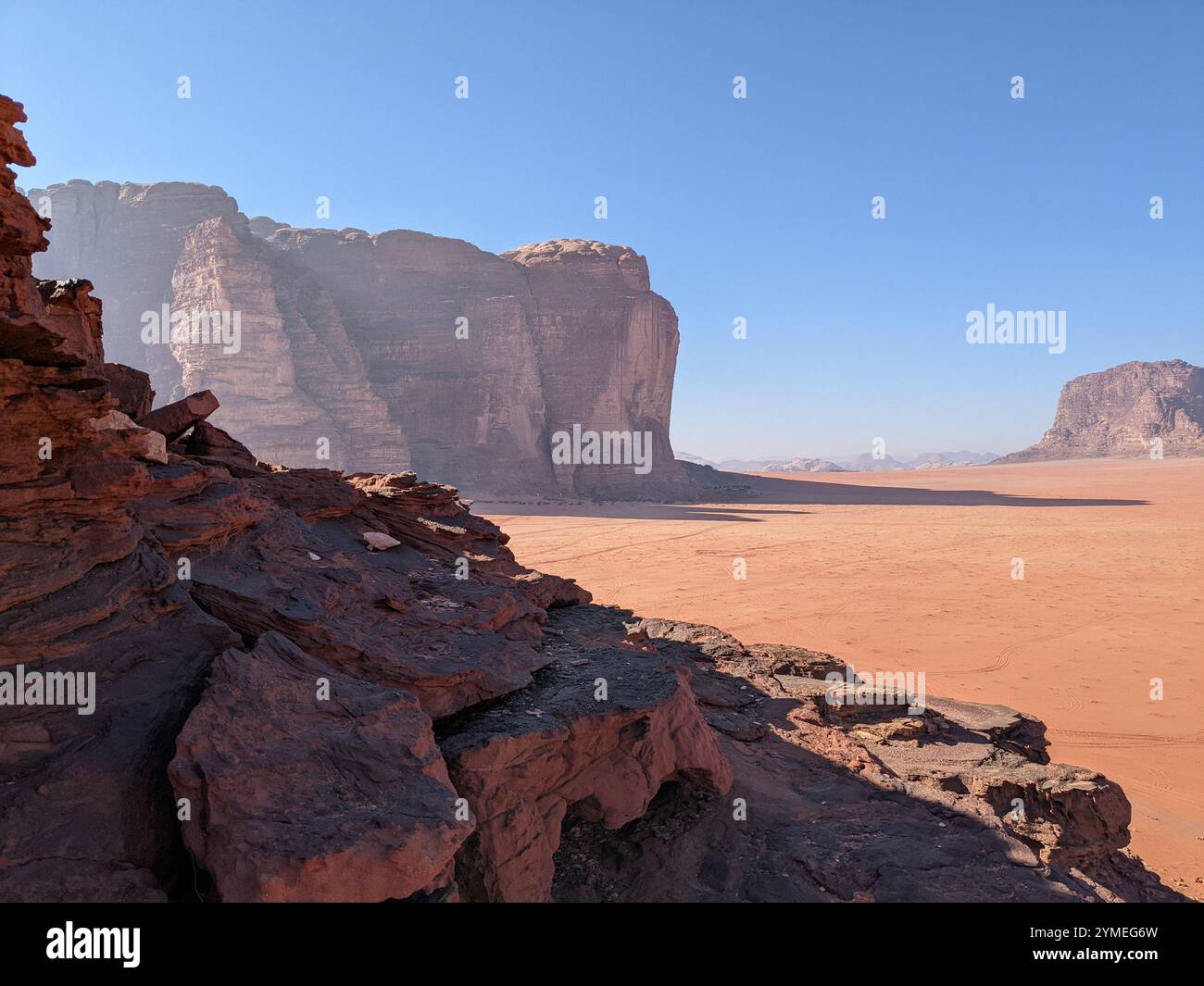 Wadi Rum Desert, Jordan. The red desert and Jabal Al Qattar mountain ...