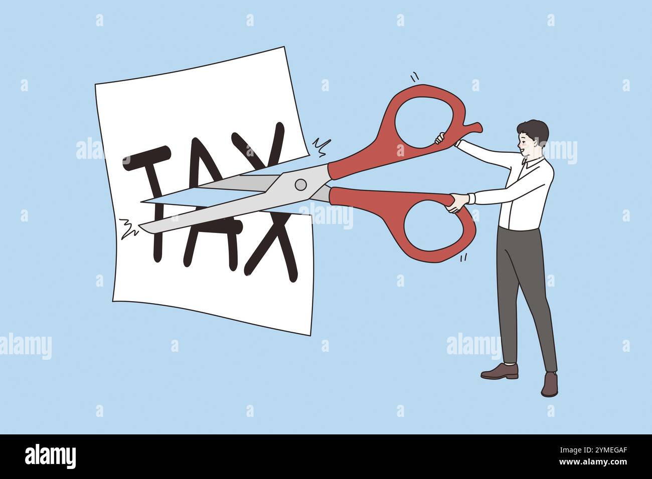 Lower and cutting tax concept. Businessman standing with scissors ...
