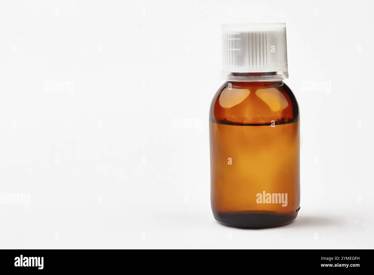 Bottle with liquid medicine. Transparent brown vial with lid. Stop your ...