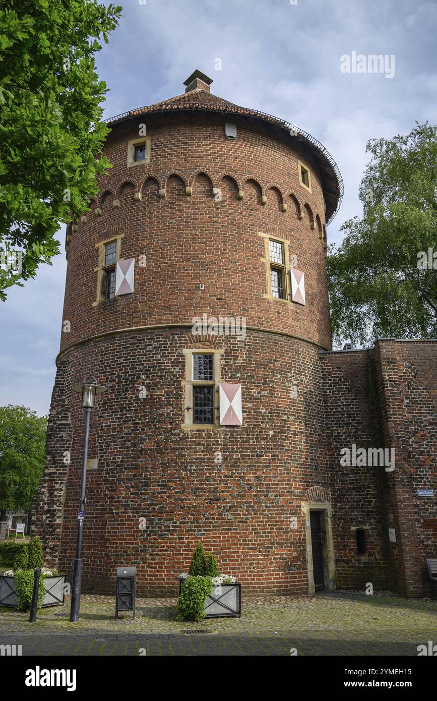 Historic round brick defence defence tower with windows and surrounding ...