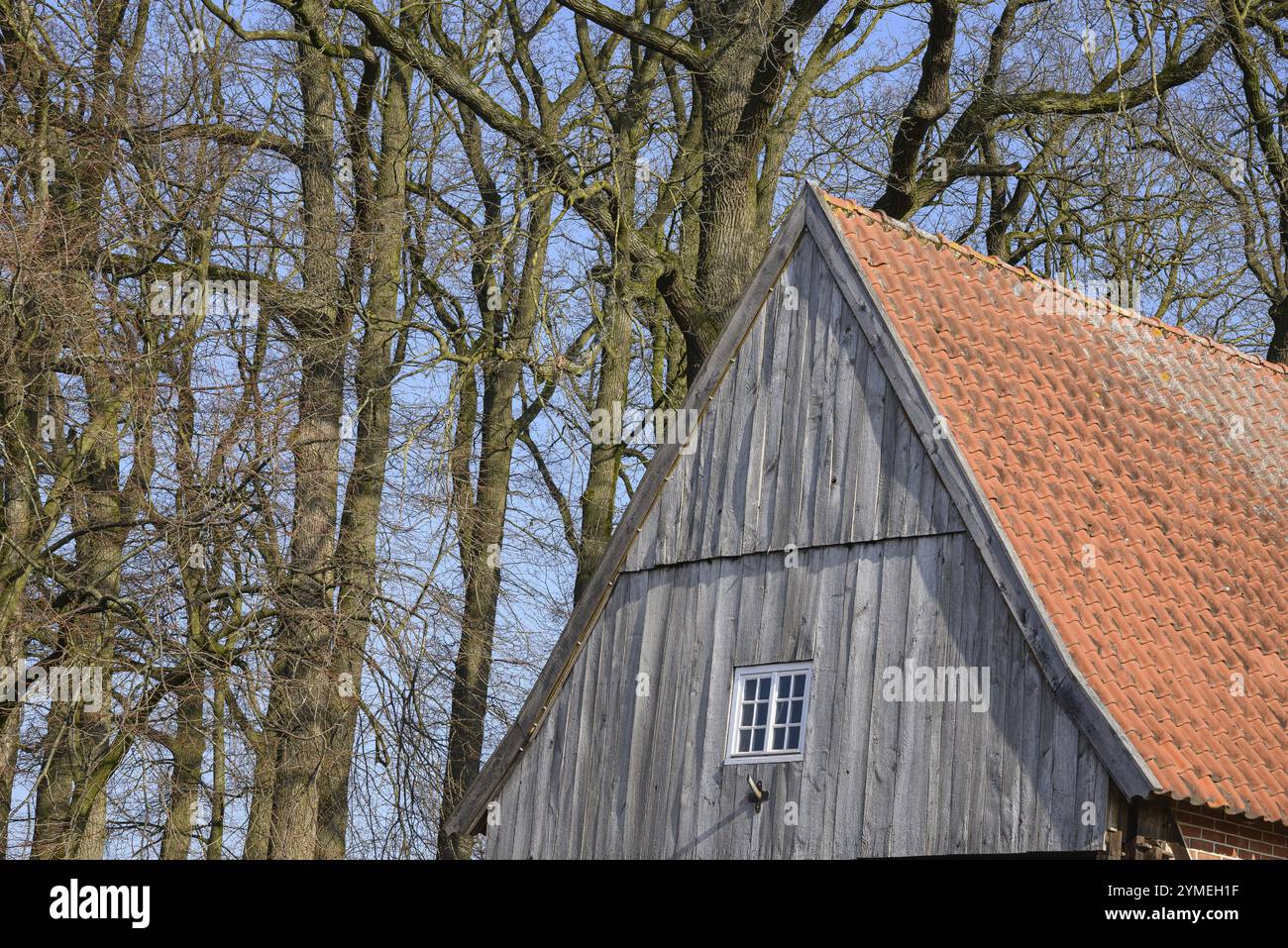 Roof gable of a half-timbered house made of wood, with a view of the ...