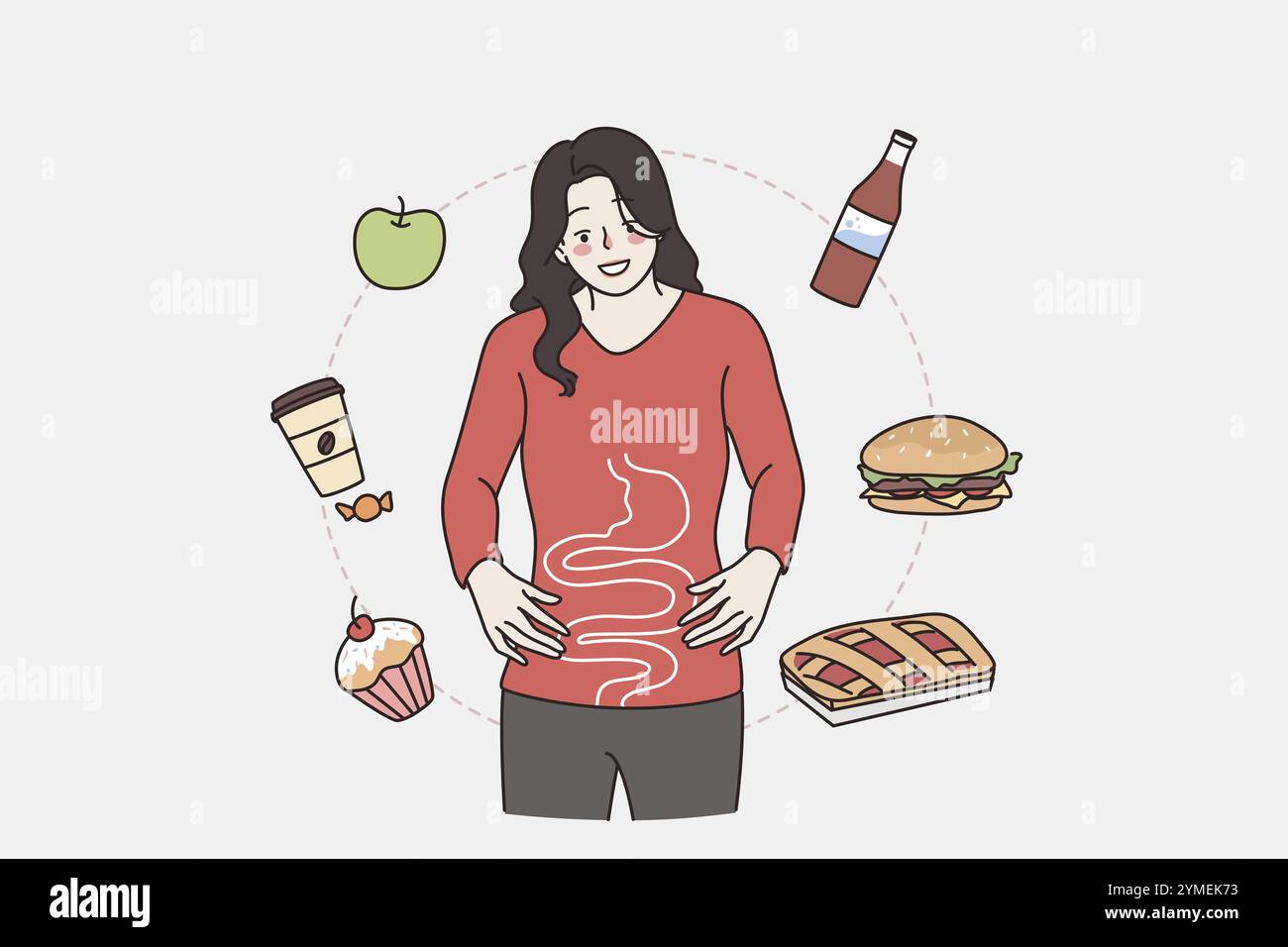 Gastro system and healthy digestion concept. Young smiling woman ...