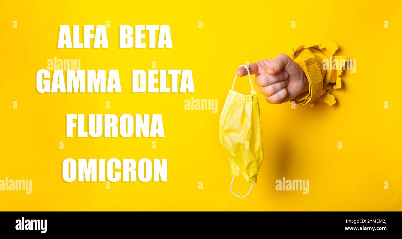 Yellow background with a hand holding a mask and the words Alpha Beta ...