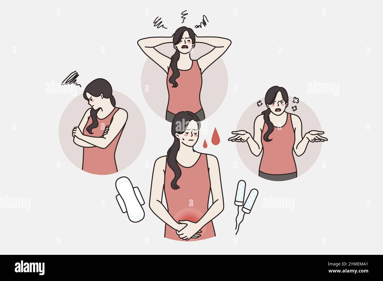 Pms and mood before menstruation concept. Young irritated woman cartoon ...
