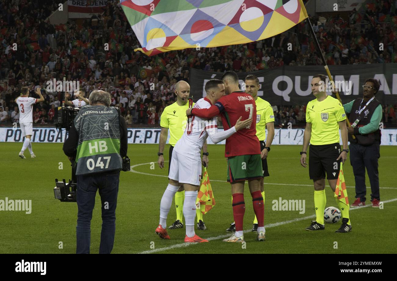 Football match, Cristiano RONALDO CR7 Portugal r. hugs Piotr ZIELINSKI ...