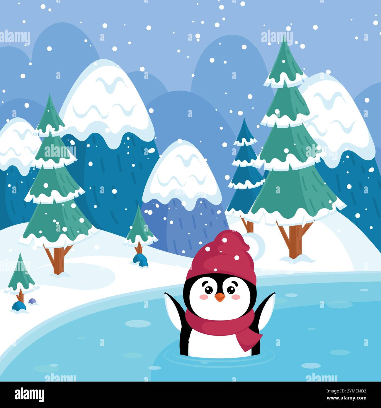 Penguin playing in frozen lake with trees, Vector Stock Vector Image ...