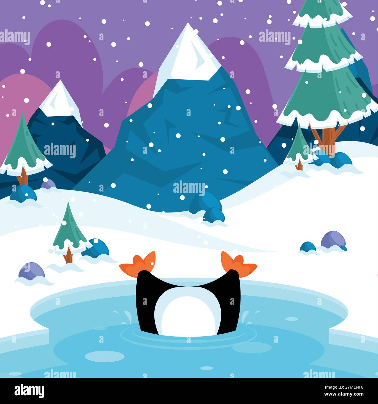 Penguin diving in icy pond under snowfall, Vector Stock Vector Image ...