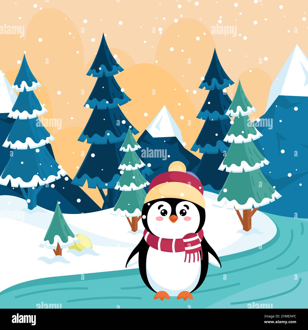 Penguin in snowy forest with sunset background, Vector Stock Vector ...