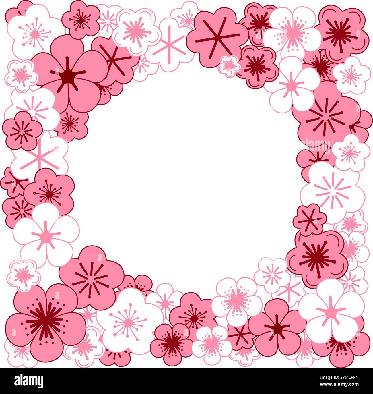 Spring flowers circle round frame of cherry blossoms in square. Graphic ...