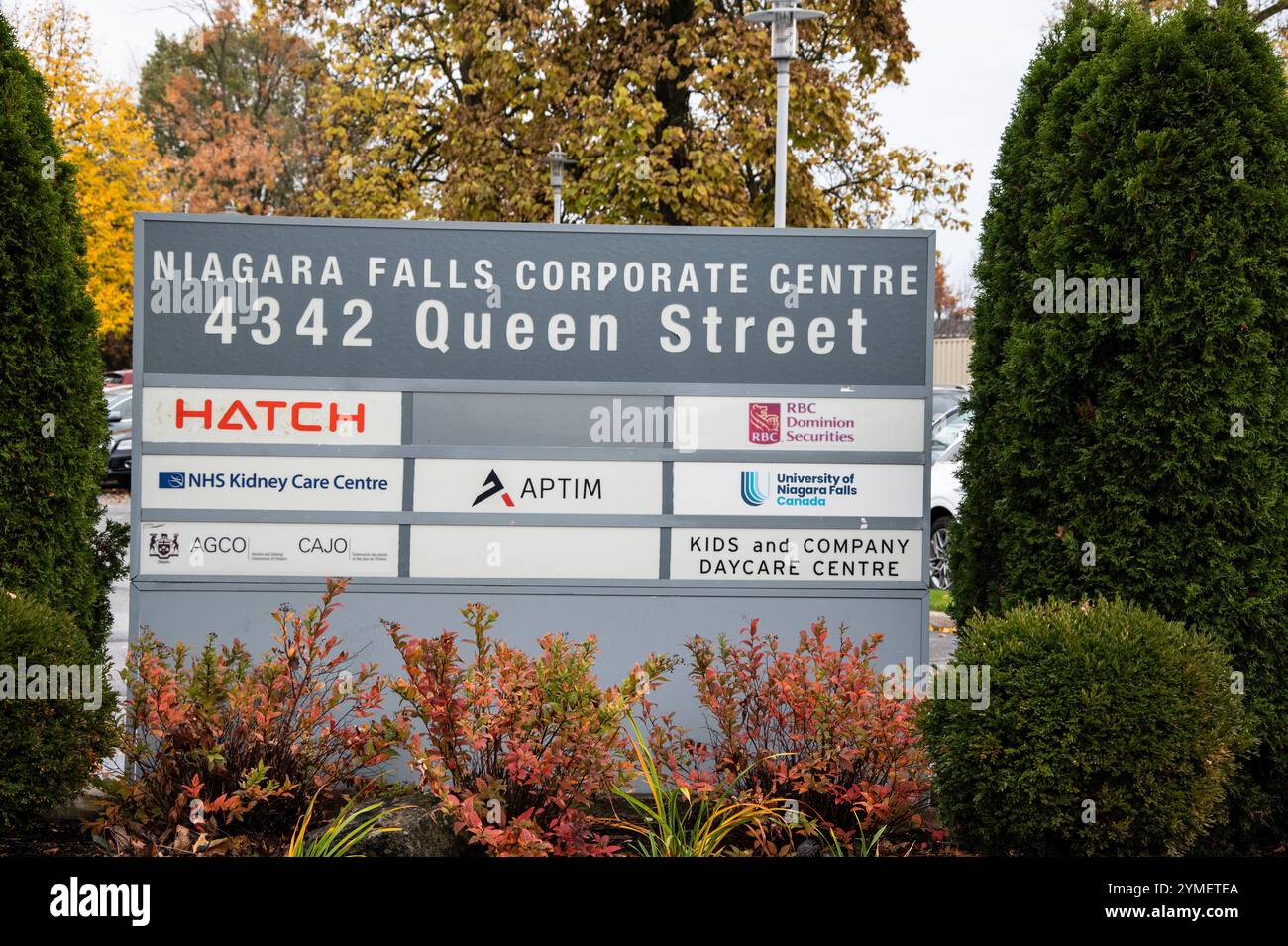 Corporate centre sign in Queen Street District, Niagara Falls, Ontario ...
