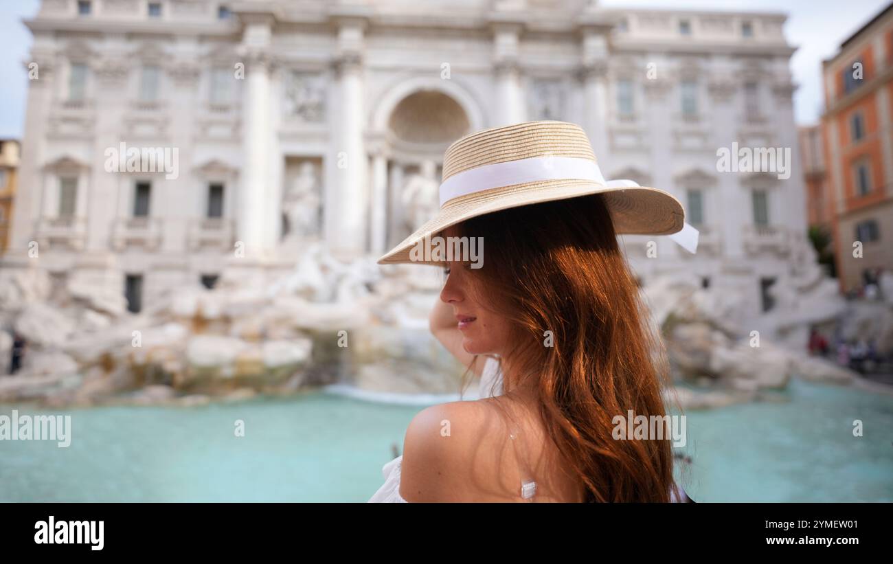 Woman in Straw Hat Enjoying Trevi Fountain, Iconic Landmark of Rome ...