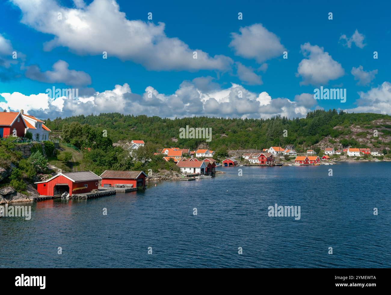 The colourful houses of Farestad village on Skjernoy island in southern ...
