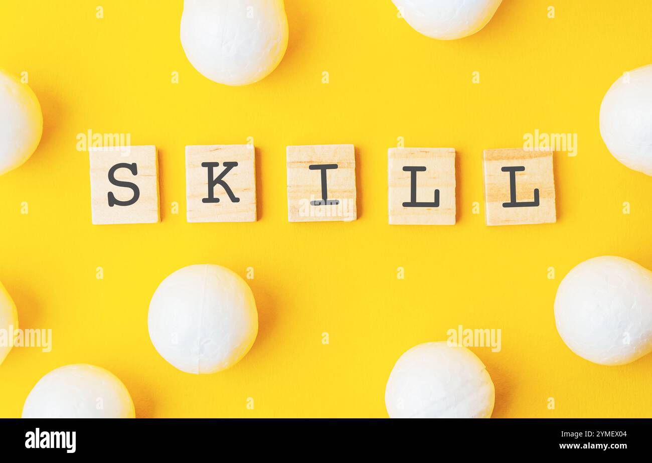 Yellow background with white letters spelling out the word skill in a ...
