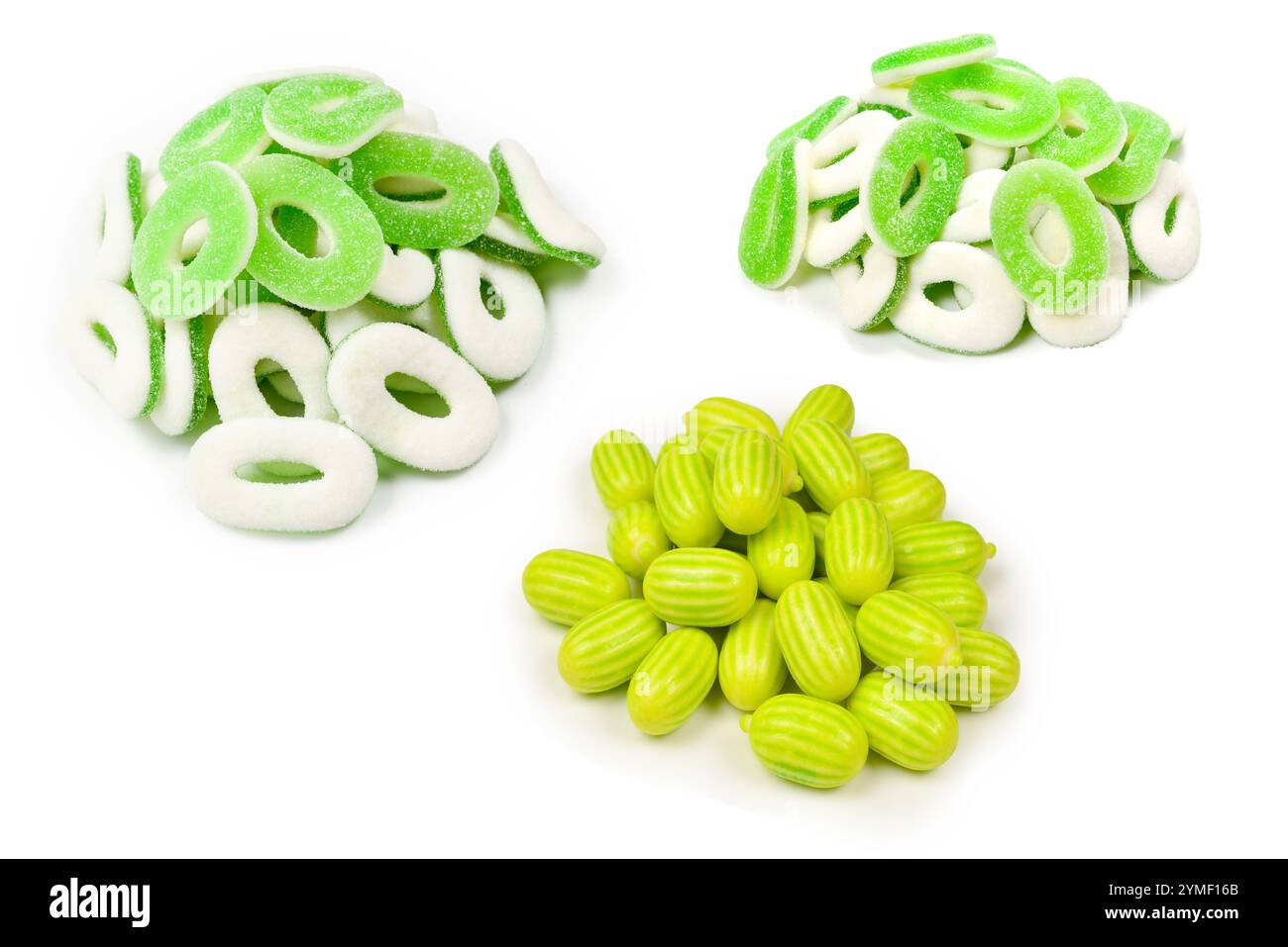Green gummy candies rings isolated on white. Top view. Jelly sweets ...