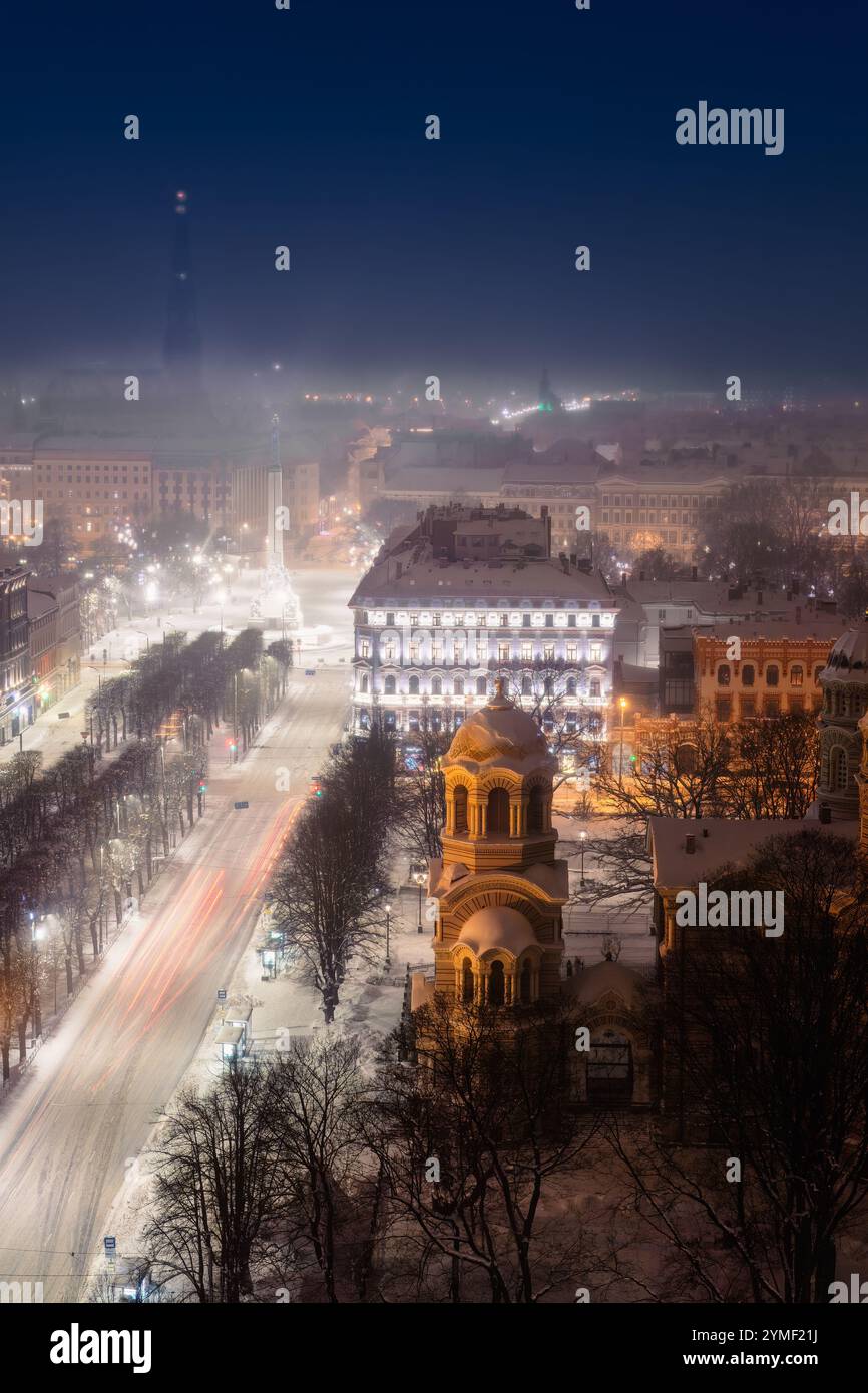 Night view of Riga center, Latvia, with Nativity the Christ Orthodox ...