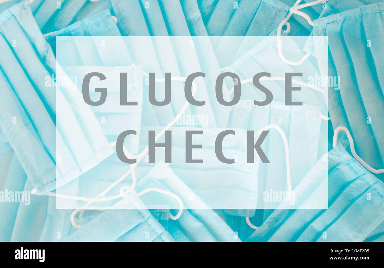 Blue sign with a white border that says Glucose Check with a pile of ...