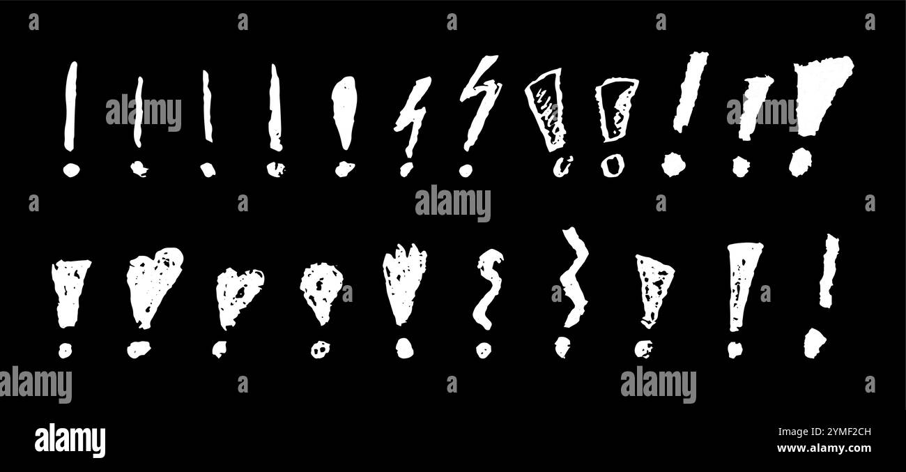 Exclamation marks symbols set. White crayon handwritten signs on ...