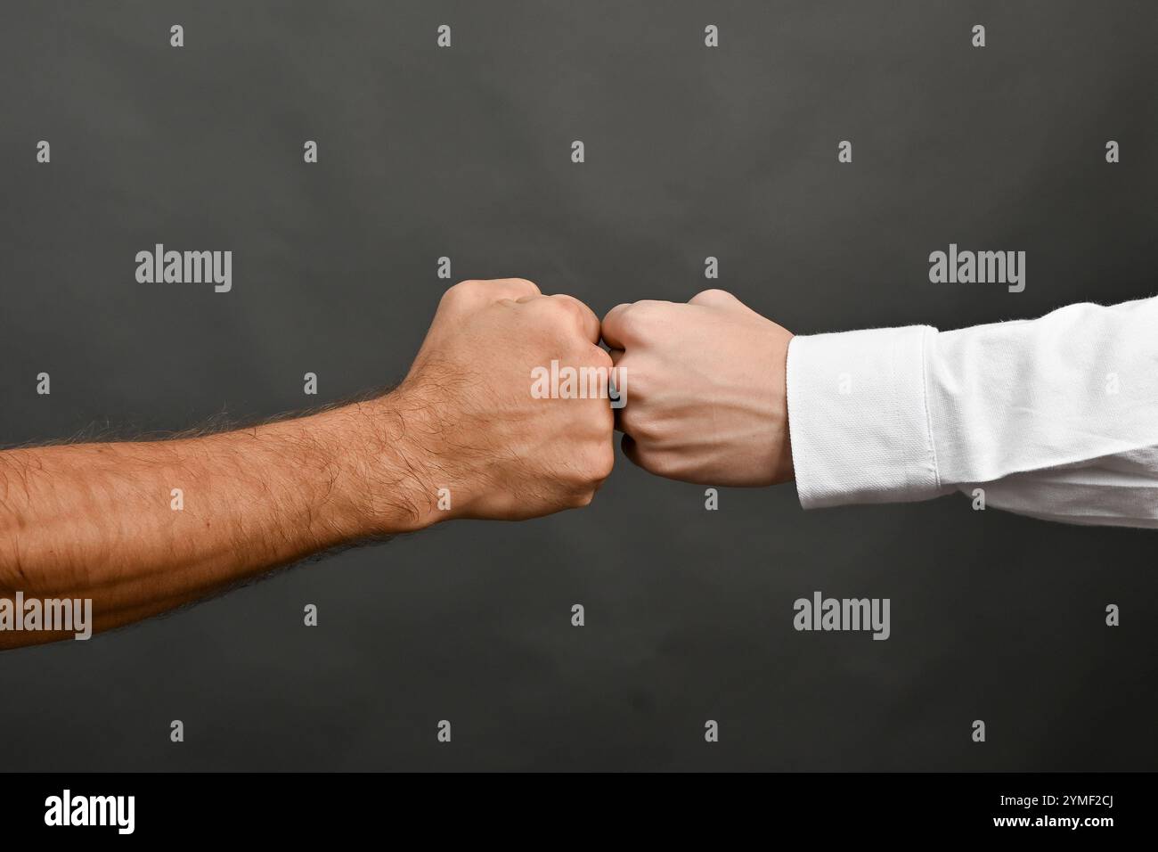 Two men bumping fists isolated on grey background Stock Photo - Alamy