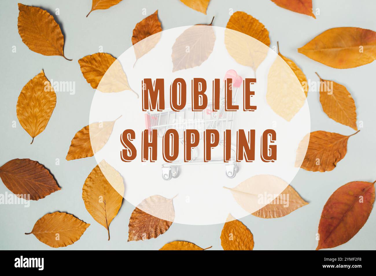 Mobile shopping cart is on top of a pile of autumn leaves. The cart is ...