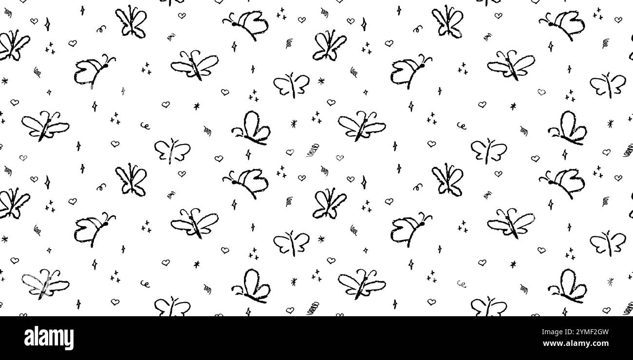 Seamless pattern with handdrrawn butterflies. Contour drawn cute moth ...