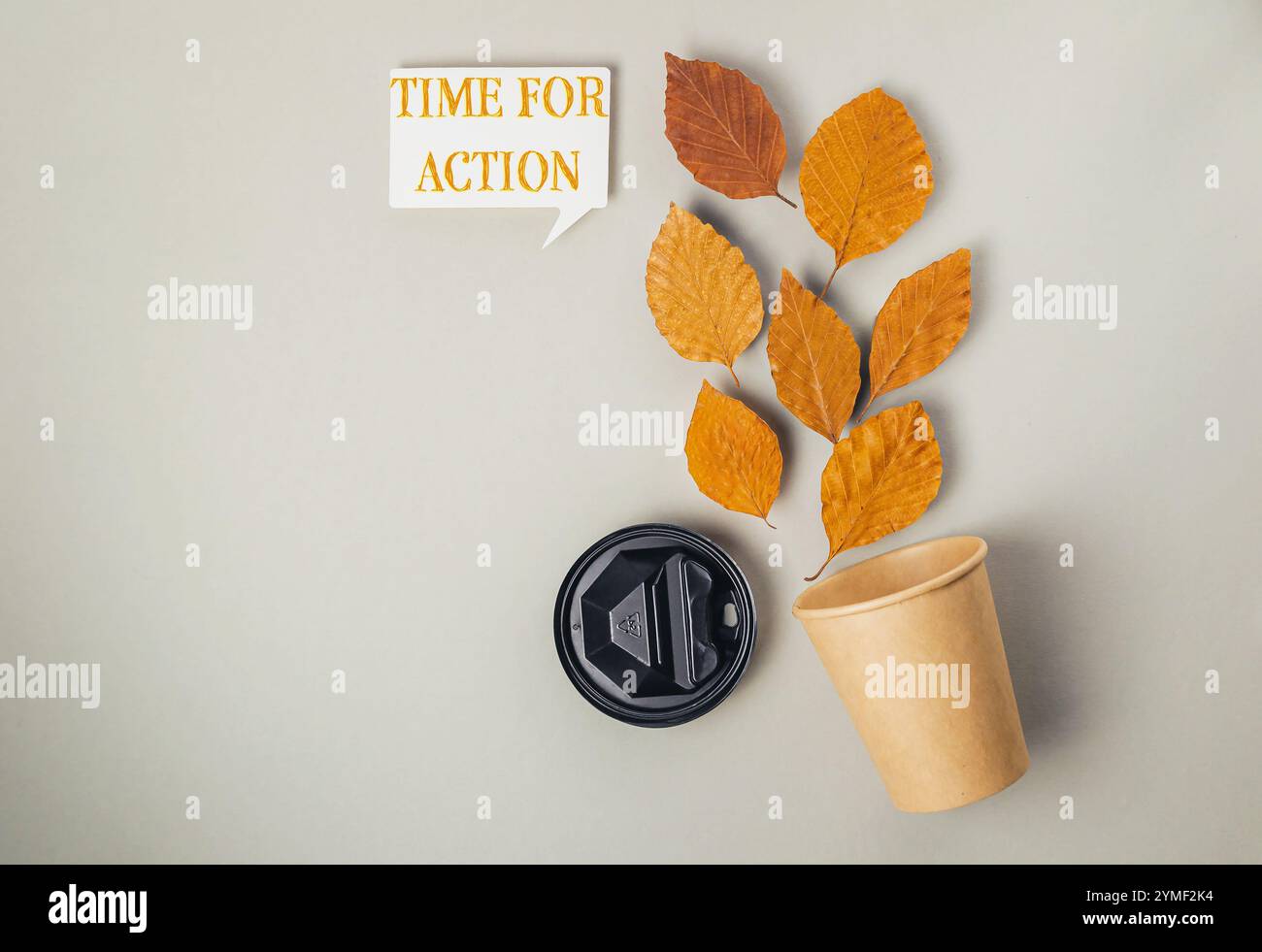 Coffee cup with a leaf on it and the words Time for Action written on ...