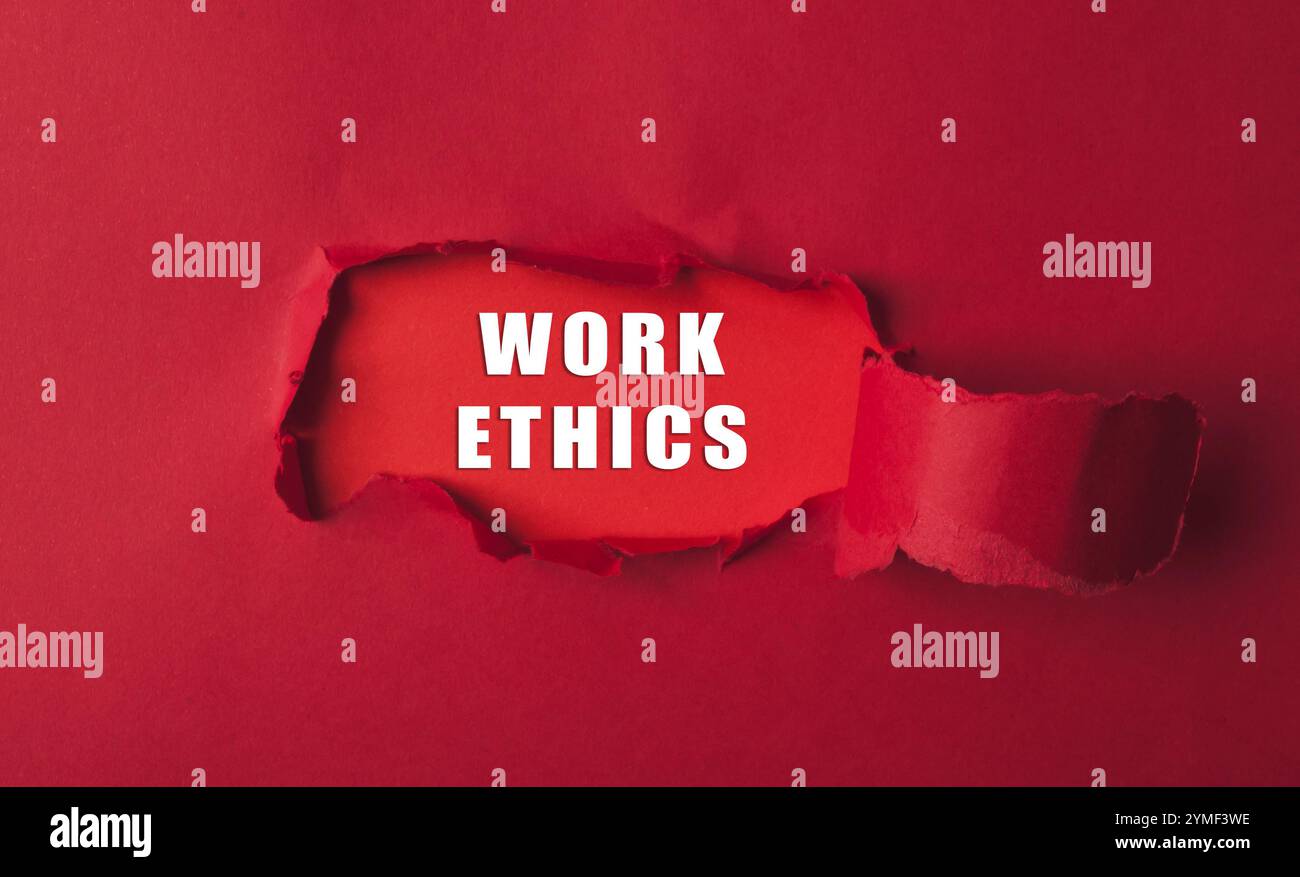 Red background with the word work ethics written in white. The image is ...