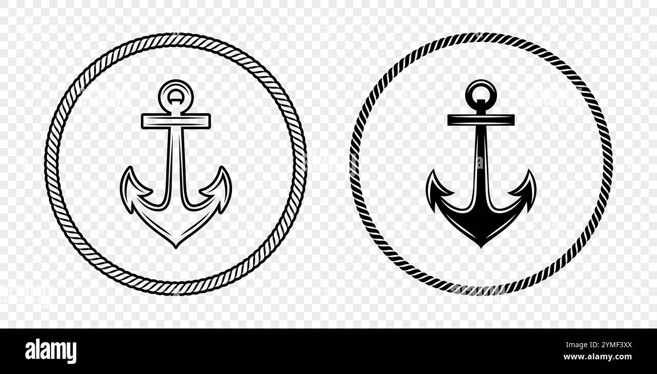 Anchor Icon Set. Flat Monochrome Anchor Shapes in Circular Rope Frame ...