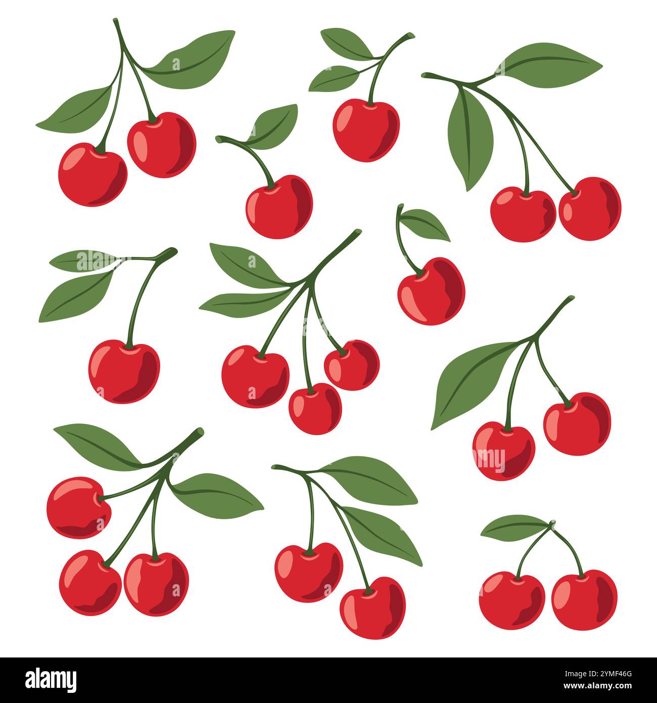 Flat Vector Cute Cartoon Cherry Icon Set. Single, Pair of Cherries and ...
