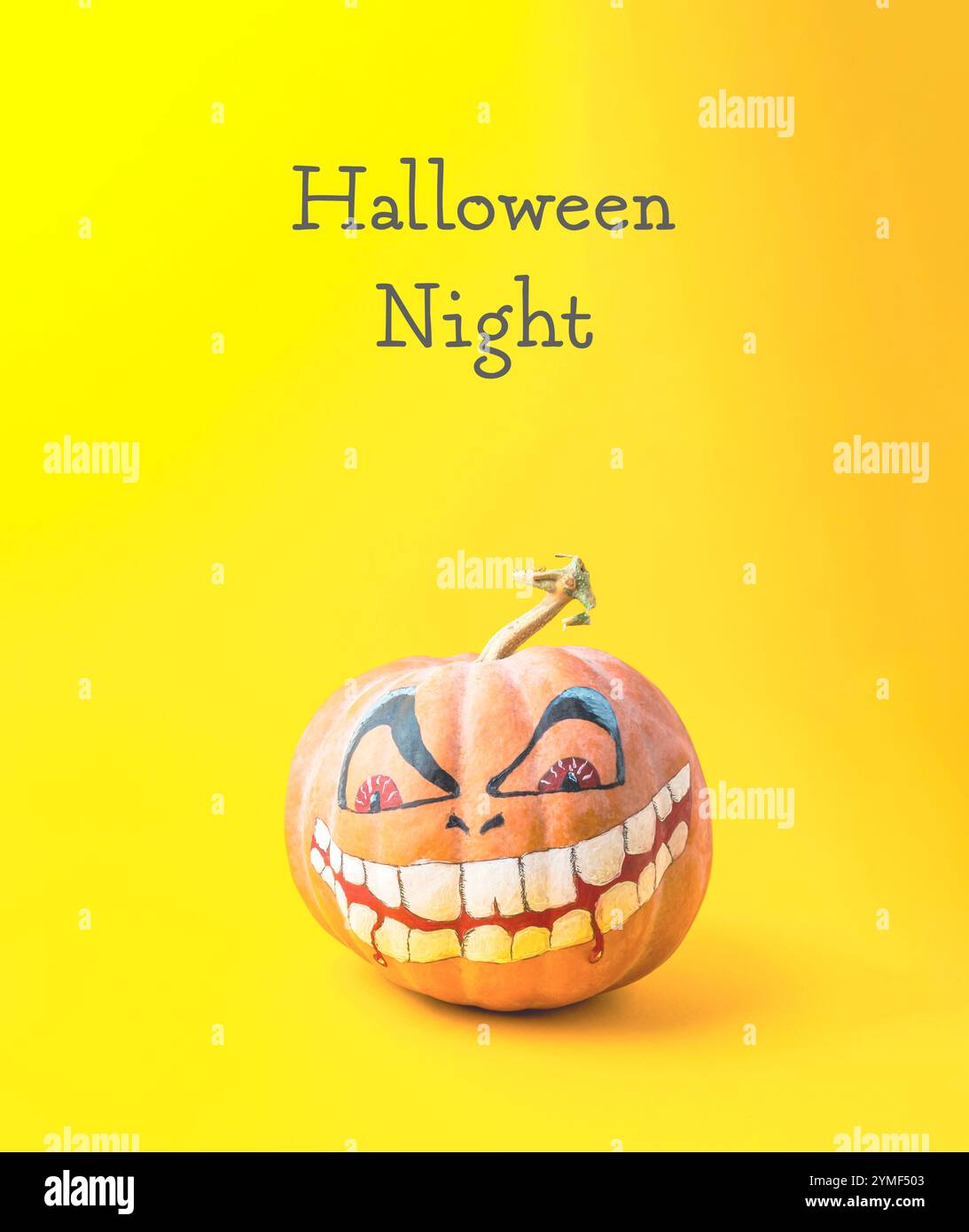 Pumpkin with a painted face is on a yellow background with the words ...