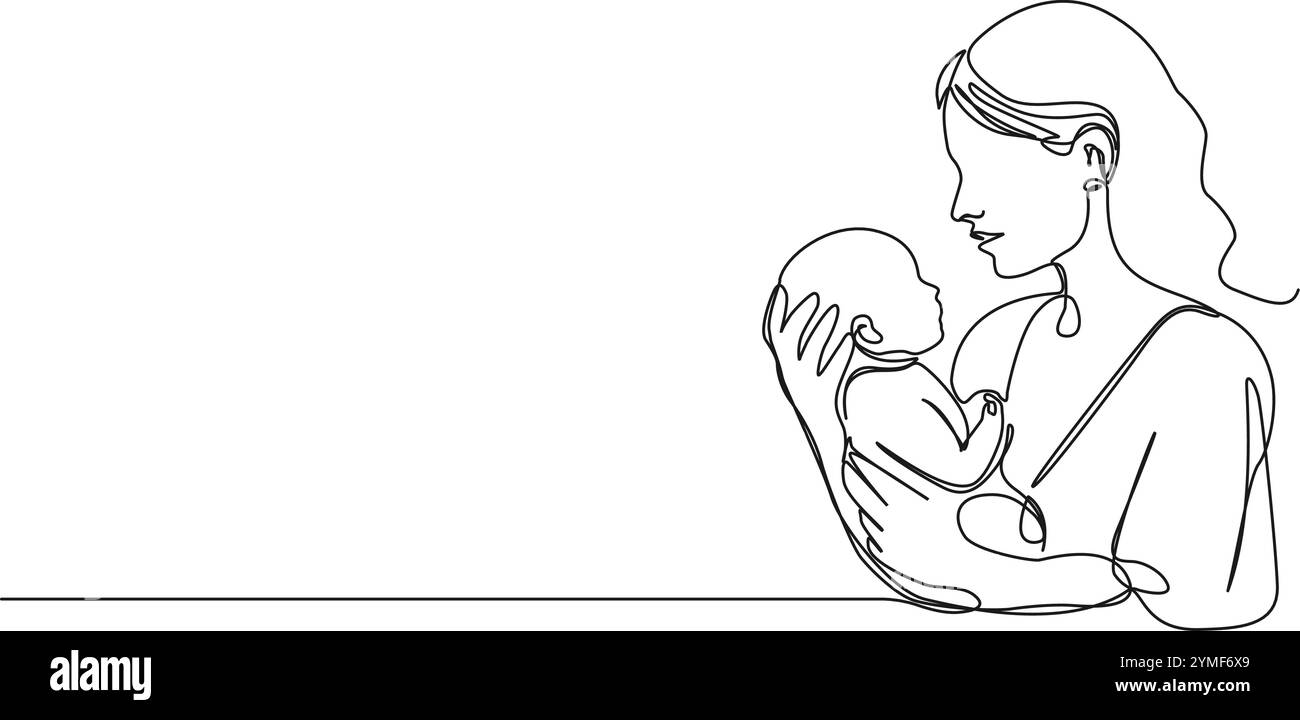 continuous single line drawing of mother holding newborn baby on arm ...
