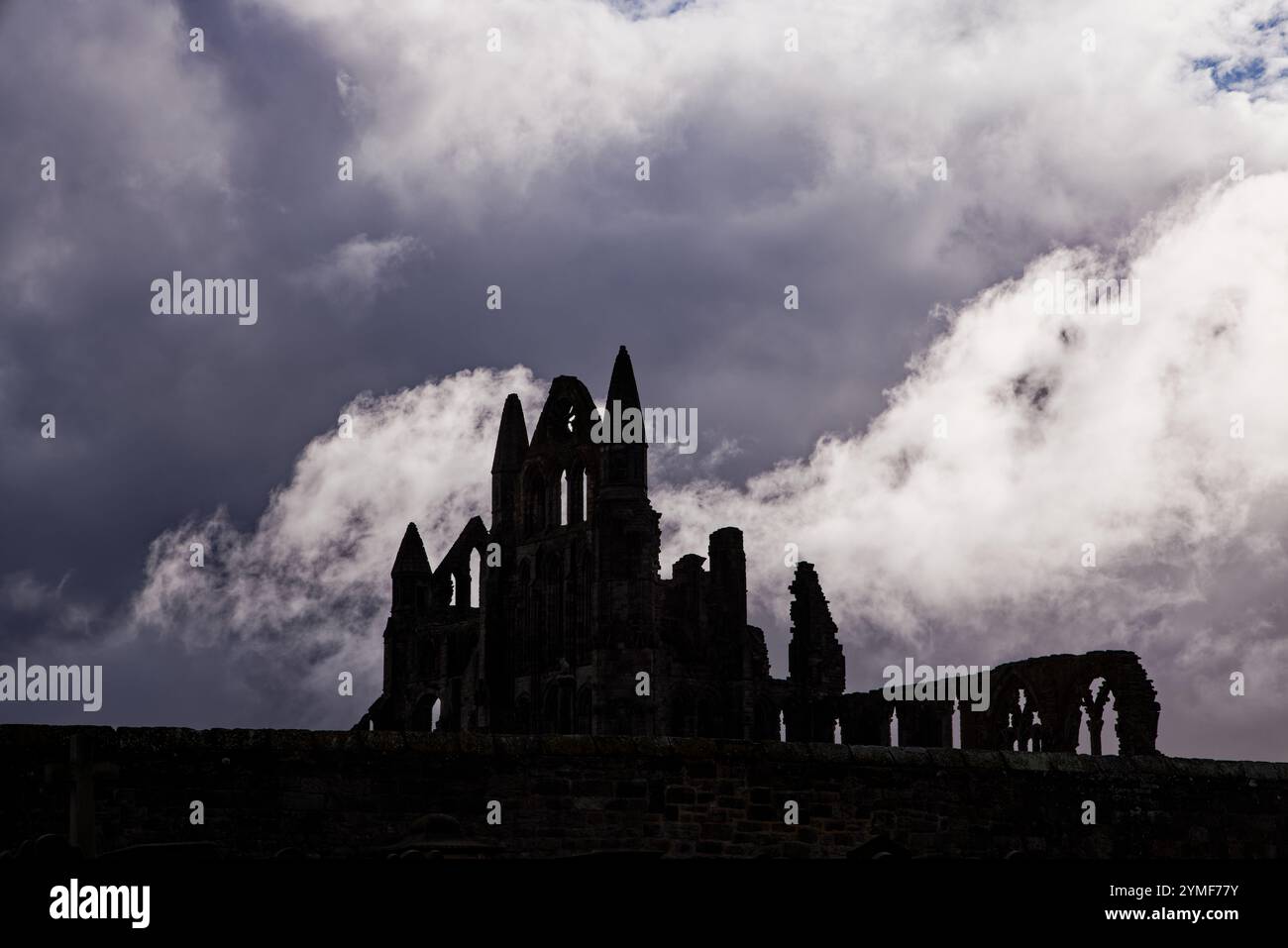 Silhouette of the gaunt ruins of Whitby Abbey against a threatening sky ...