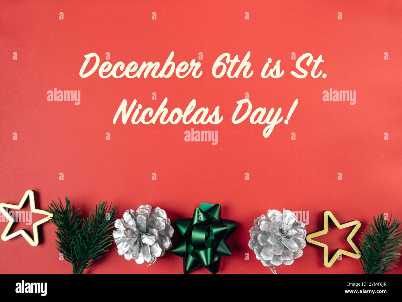 Red background with a Christmas tree and stars. The text reads December ...